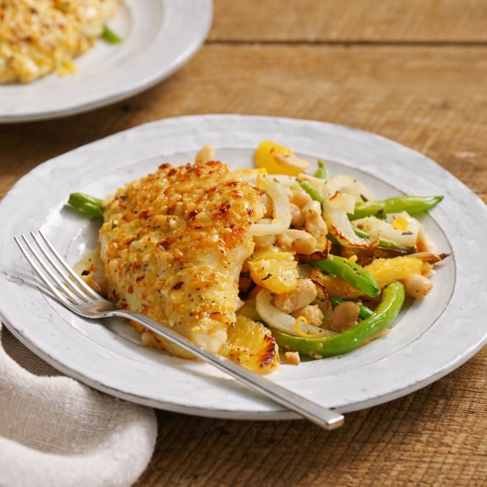 Bright & Irresistible Baked Citrus Fish with Almonds & Beans